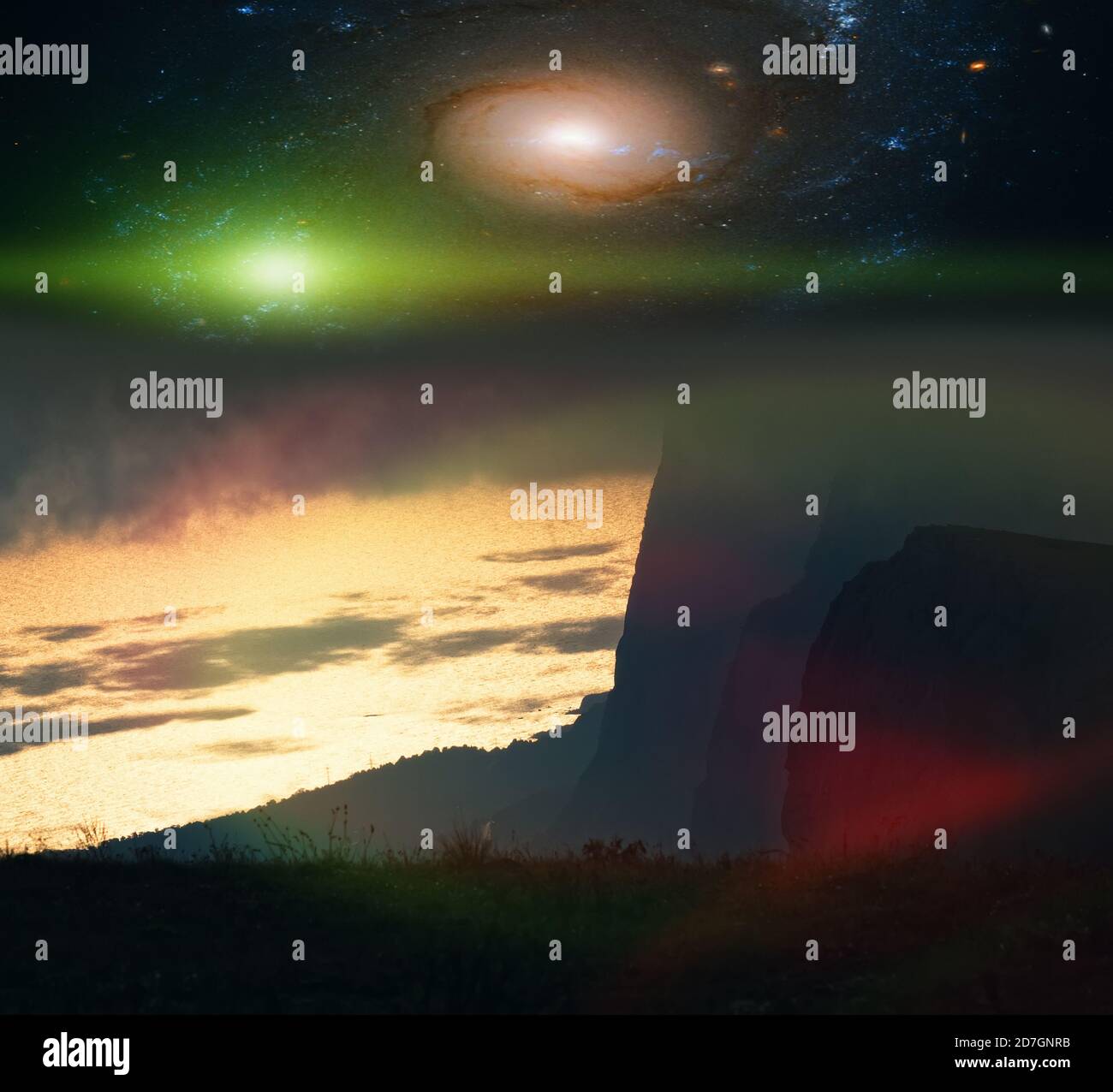 Rocks and night space sky with stars. Mysterious phenomena in mountains ...