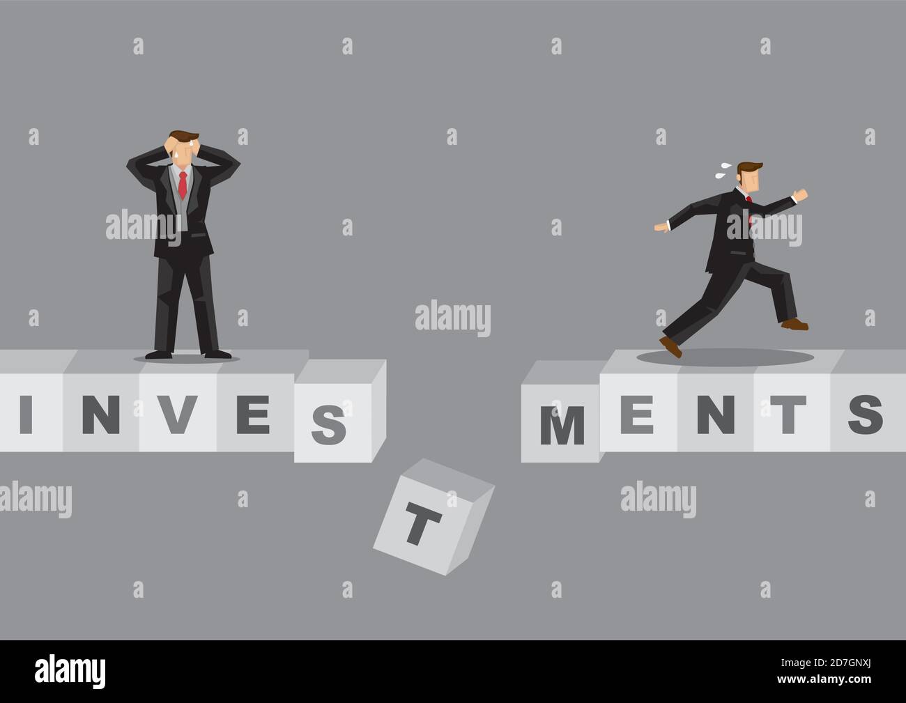Cartoon businessmen standing on bridge made of alphabet blocks spelled ...