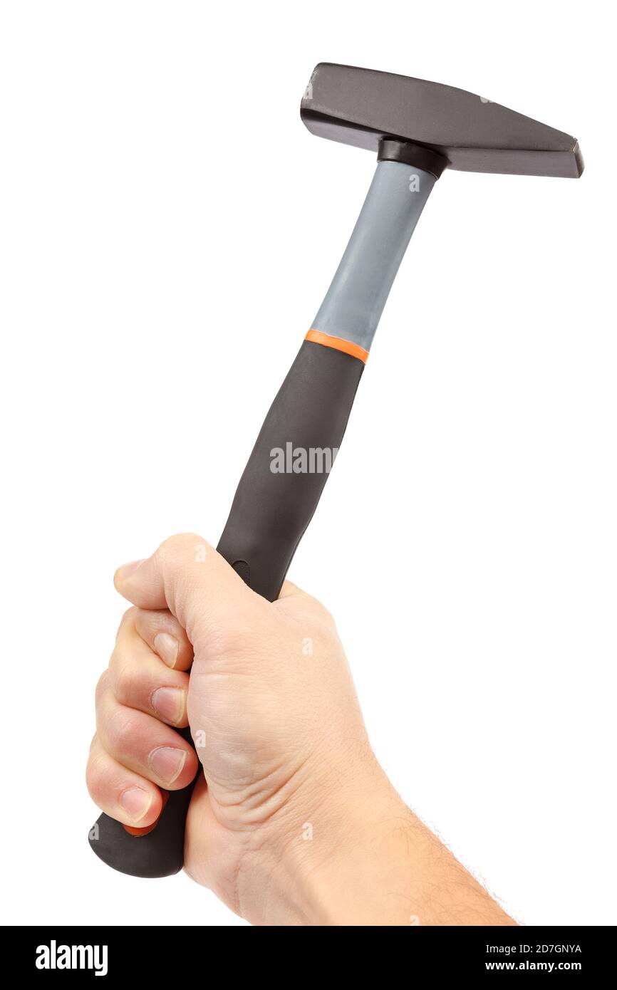 Modern hammer in a male hand isolated on a white background Stock Photo ...