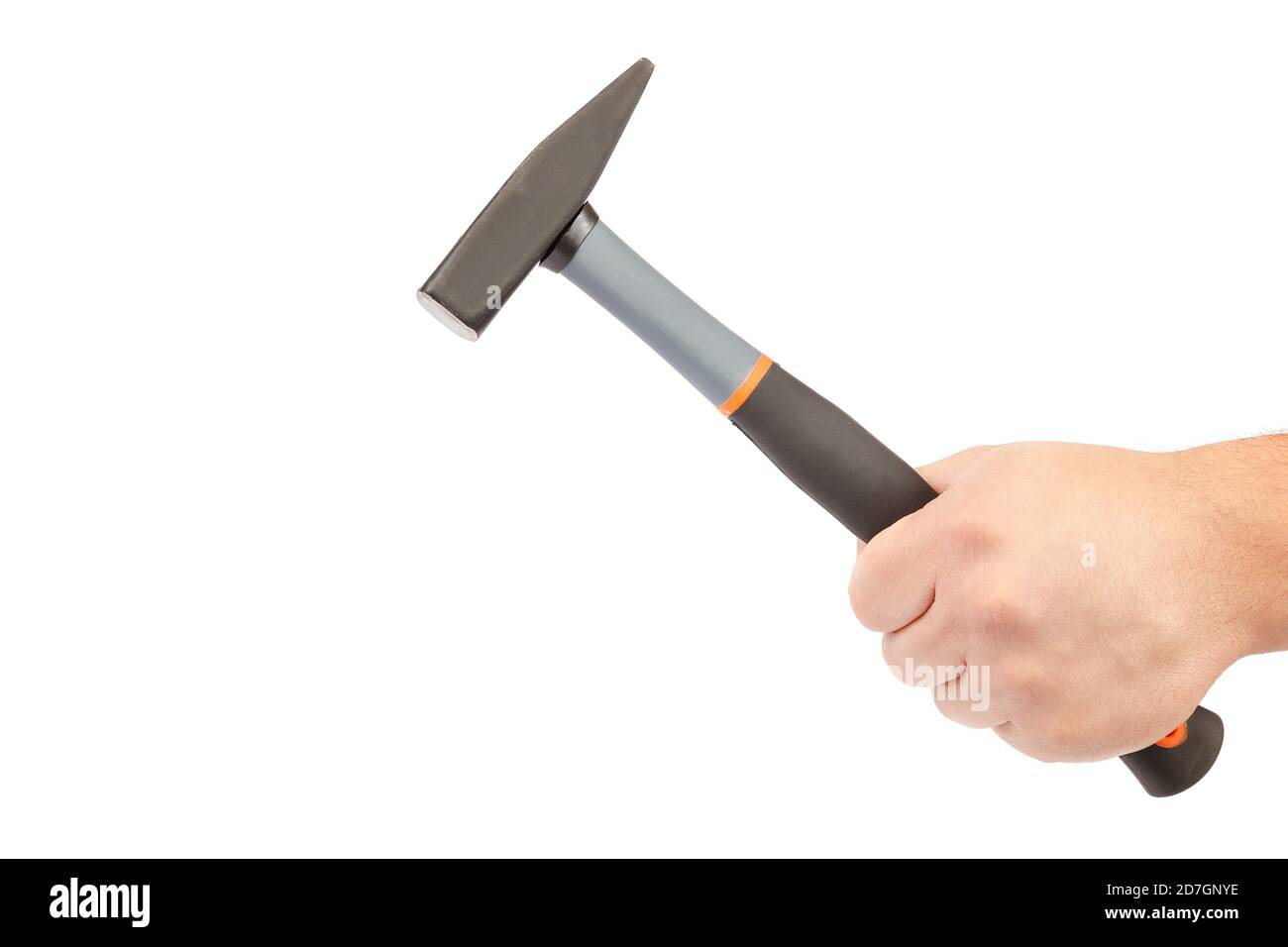 Modern hammer in a male hand isolated on a white background Stock Photo ...
