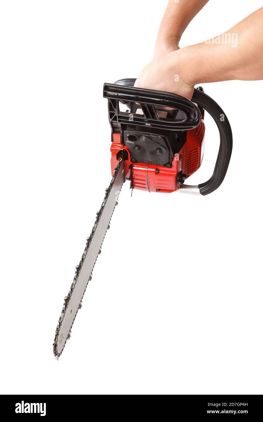 Chainsaw in a male hand isolated on a white background Stock Photo - Alamy