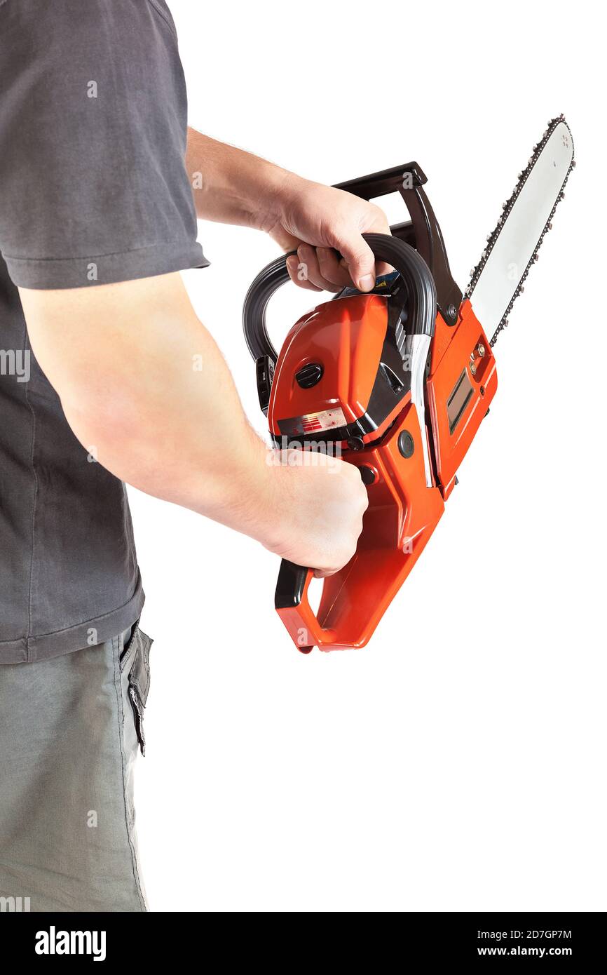Chainsaw in a male hand isolated on a white background Stock Photo - Alamy