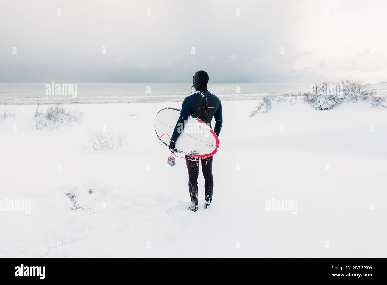 Snowy winter and surfer with surfboard. Winter beach and surfer in ...