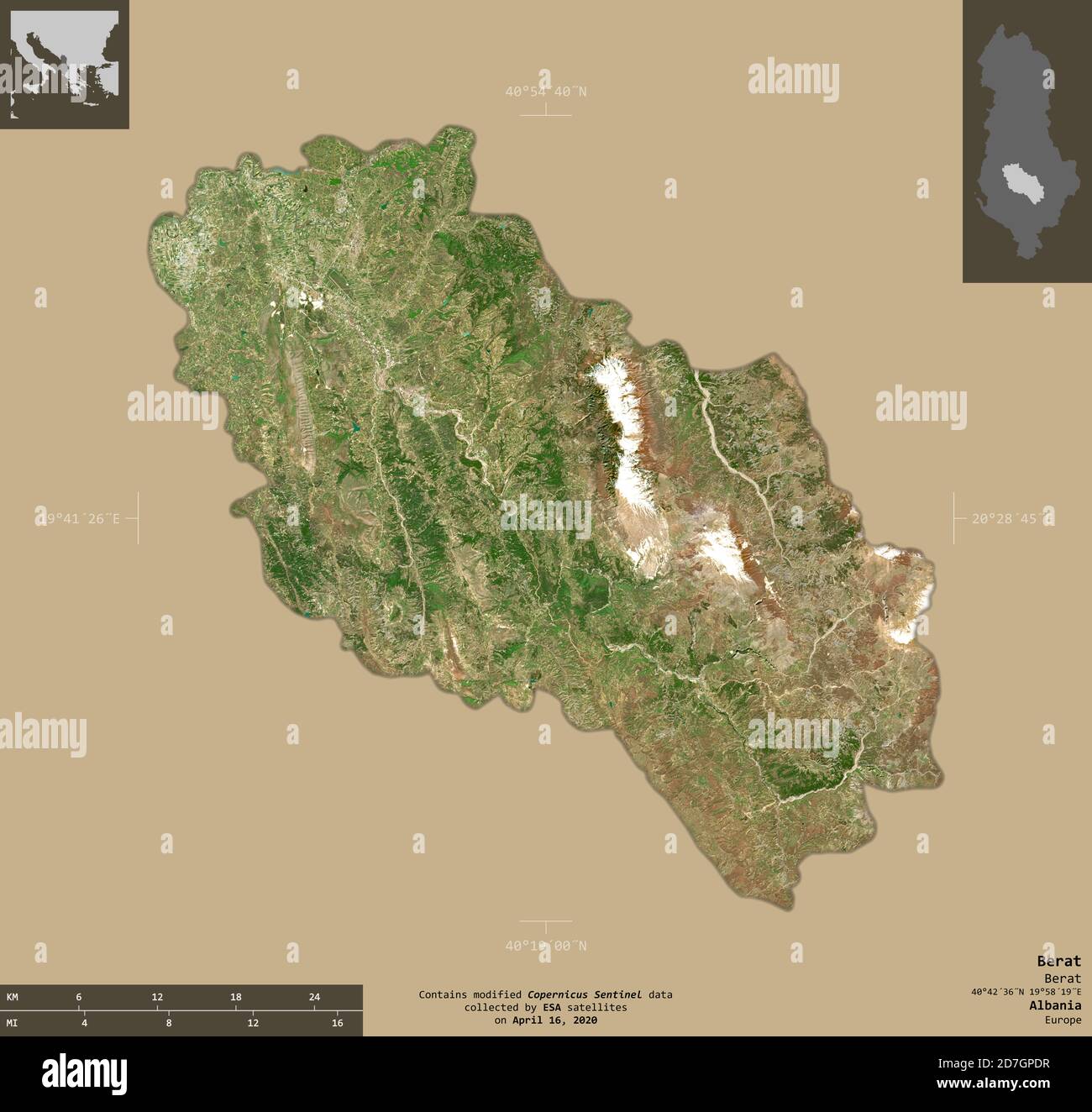 Berat, county of Albania. Sentinel-2 satellite imagery. Shape isolated ...