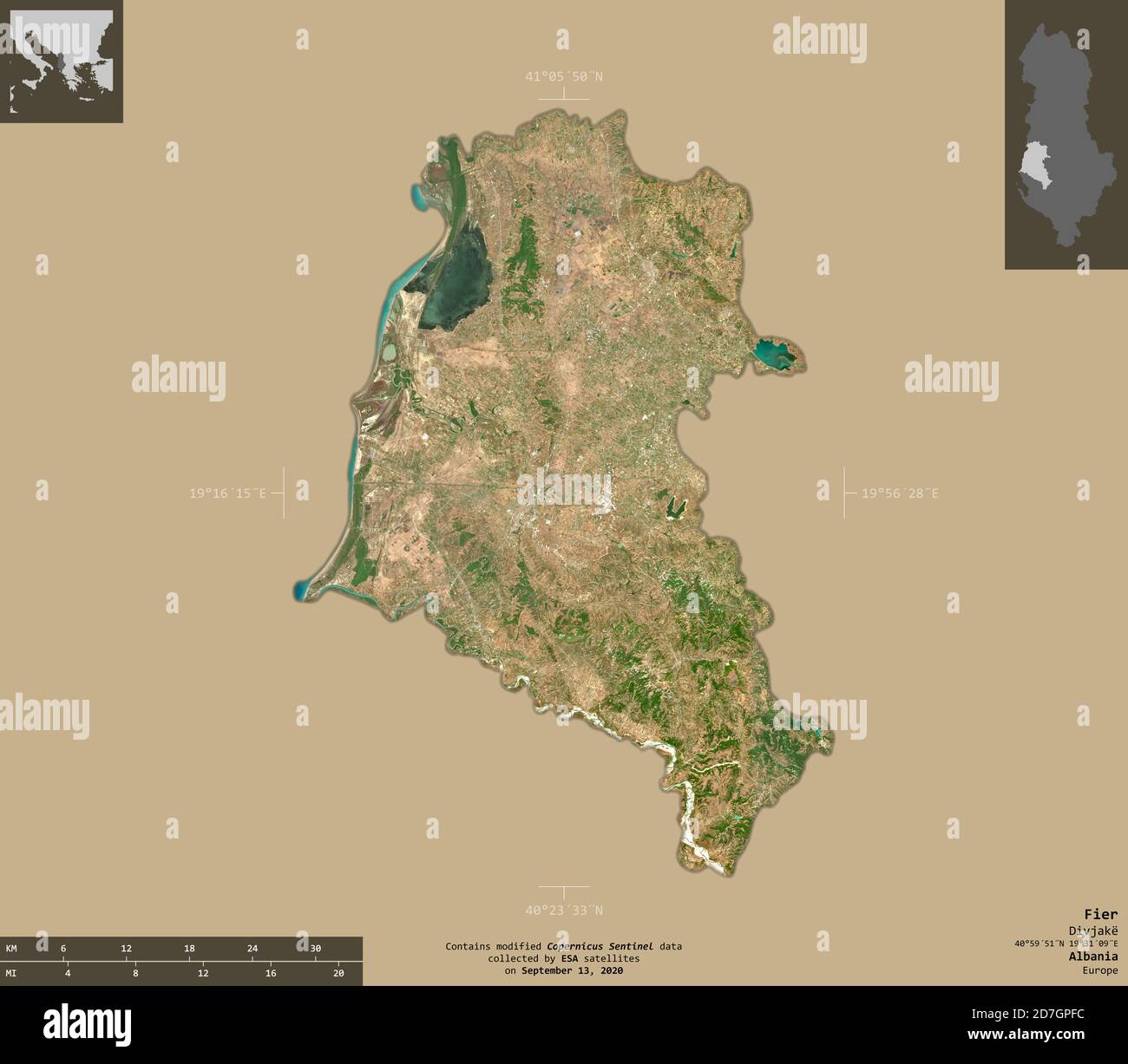 Fier, county of Albania. Sentinel-2 satellite imagery. Shape isolated ...