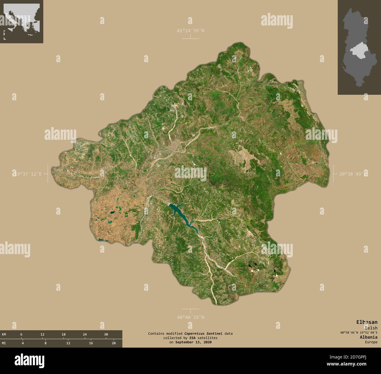 Elbasan, county of Albania. Sentinel-2 satellite imagery. Shape ...