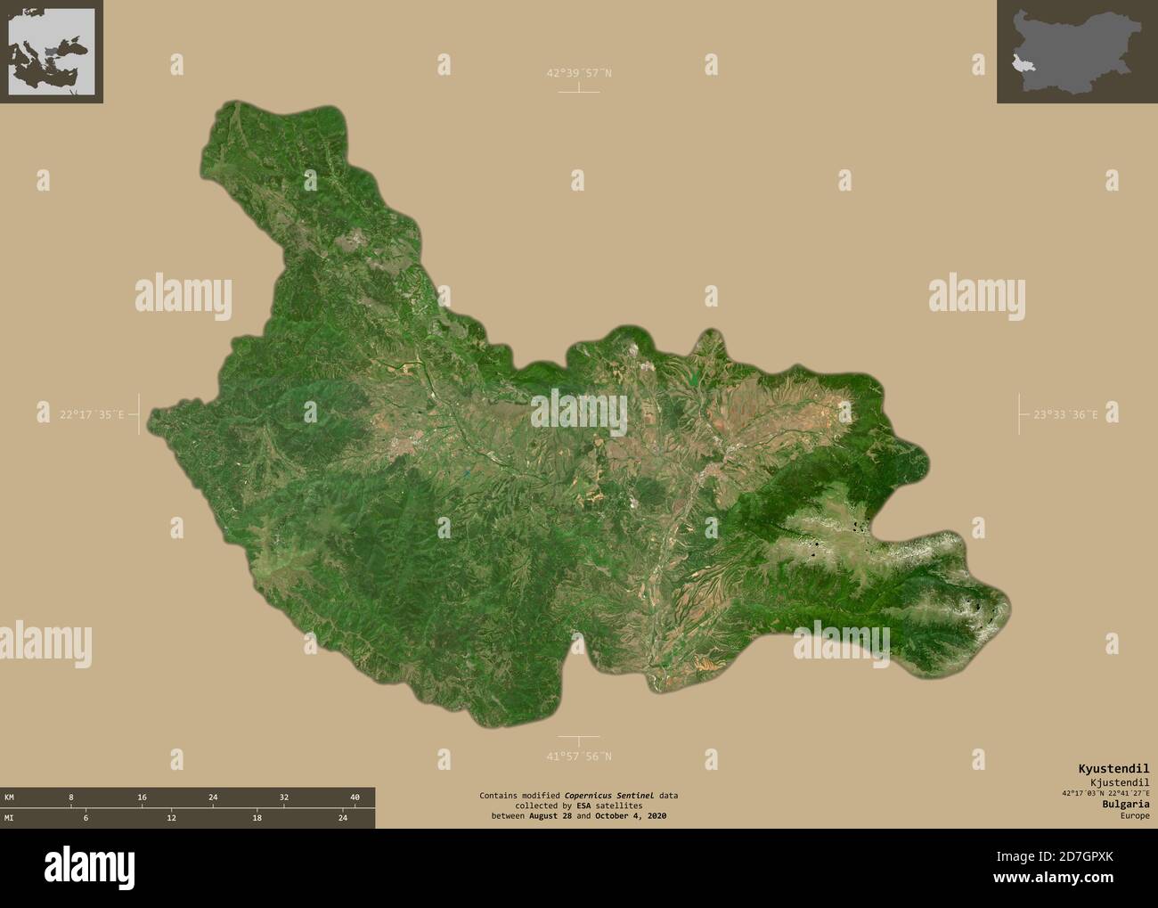 Kyustendil, province of Bulgaria. Sentinel-2 satellite imagery. Shape ...