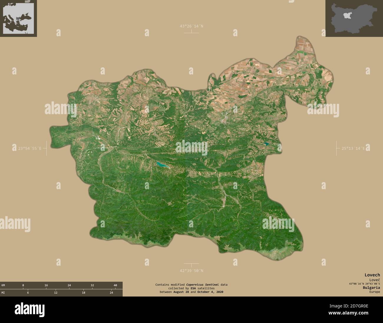 Lovech, province of Bulgaria. Sentinel-2 satellite imagery. Shape ...