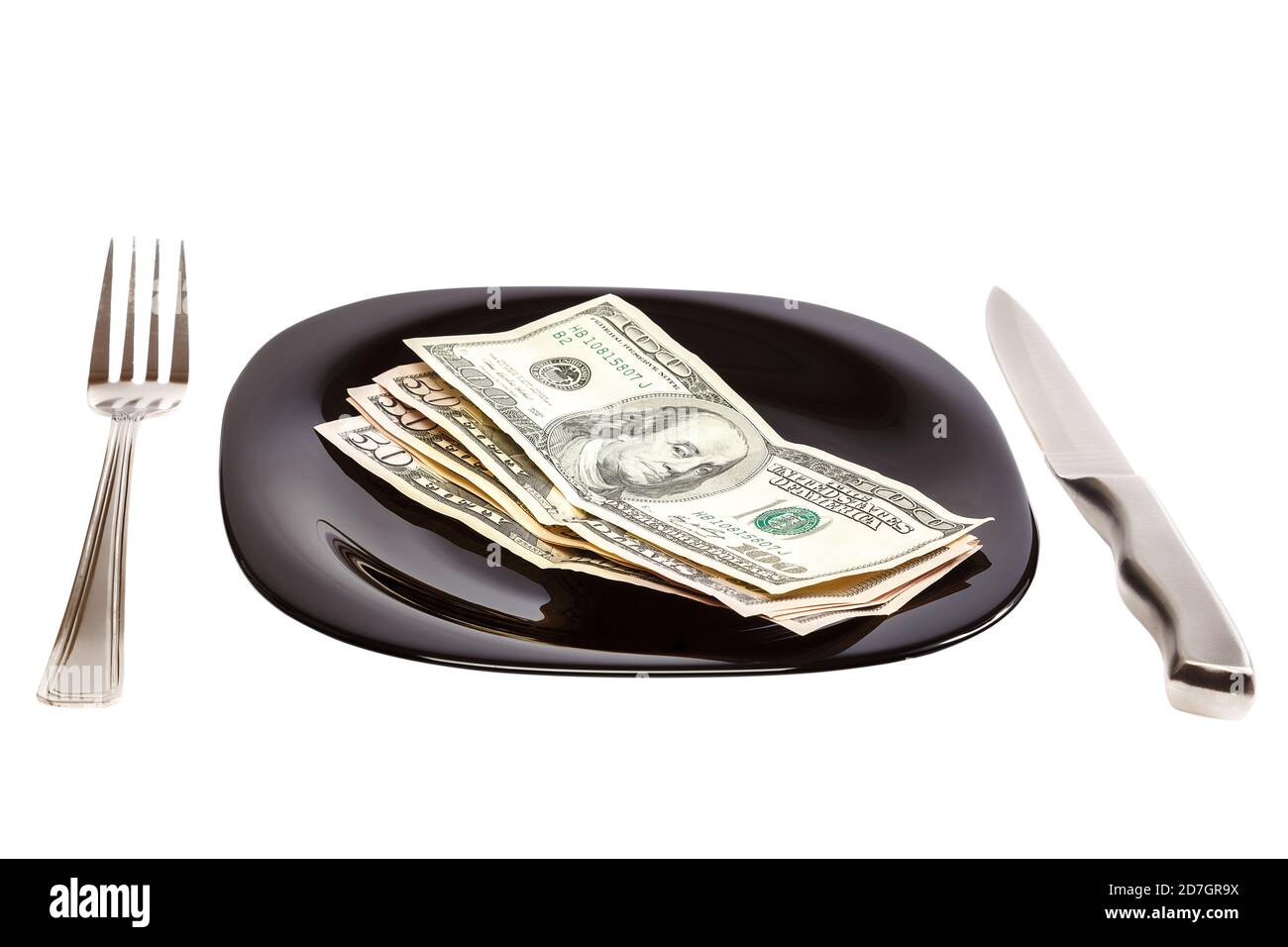 Dollar banknotes on a plate isolated on white background Stock Photo ...