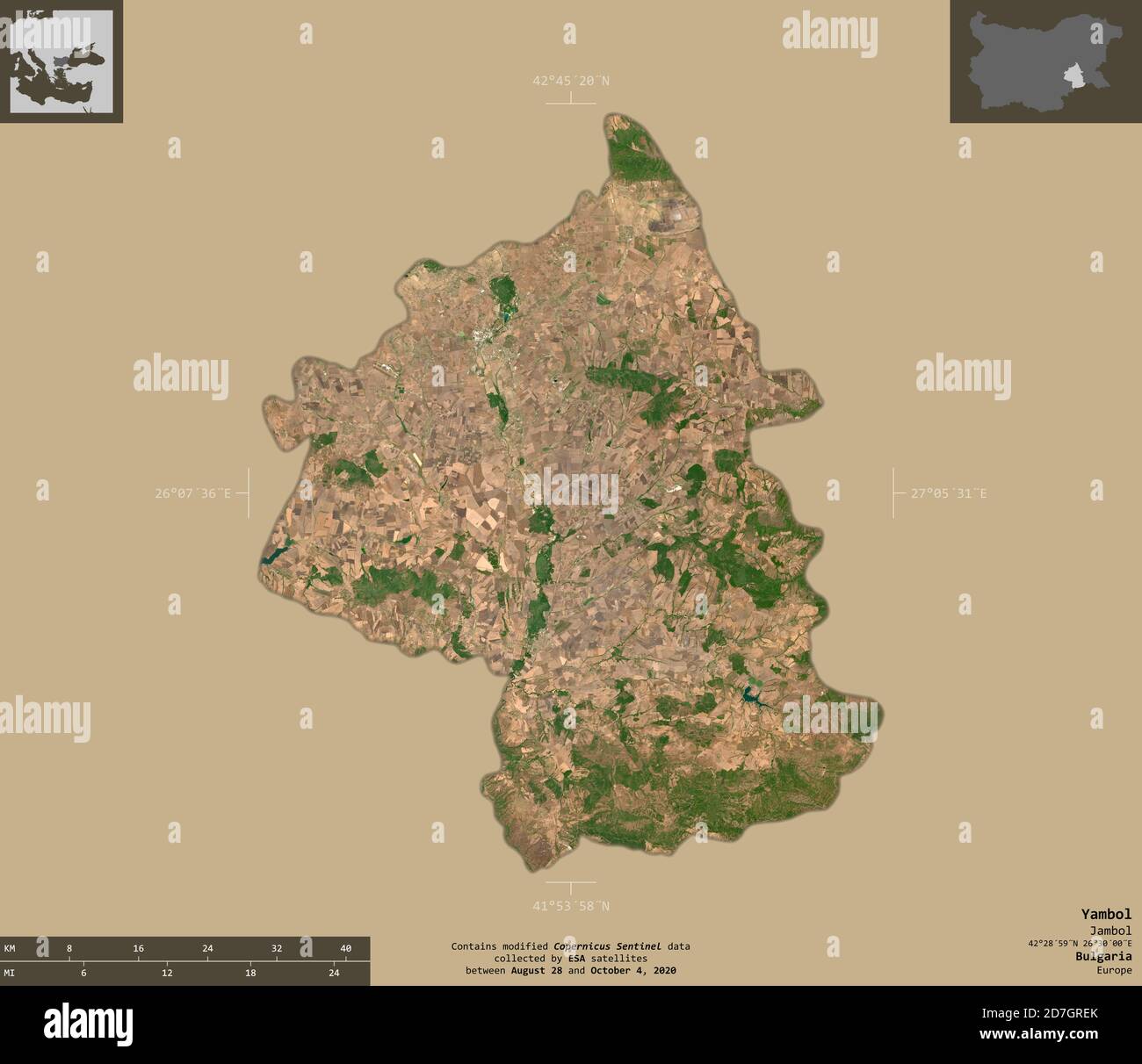 Yambol, province of Bulgaria. Sentinel-2 satellite imagery. Shape ...