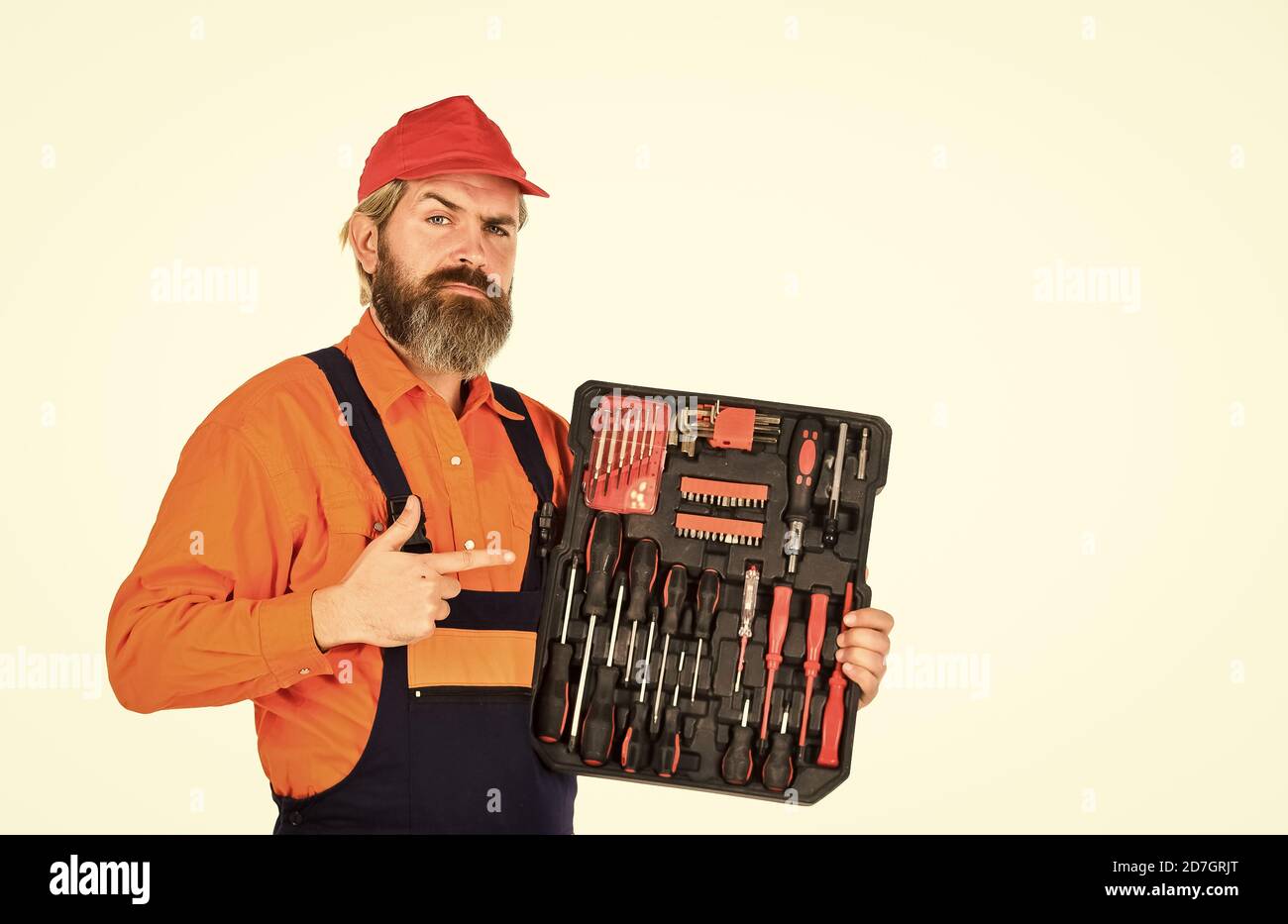 Custom Woodworkers. Set of tools. Screwdrivers set. Man carries toolbox ...