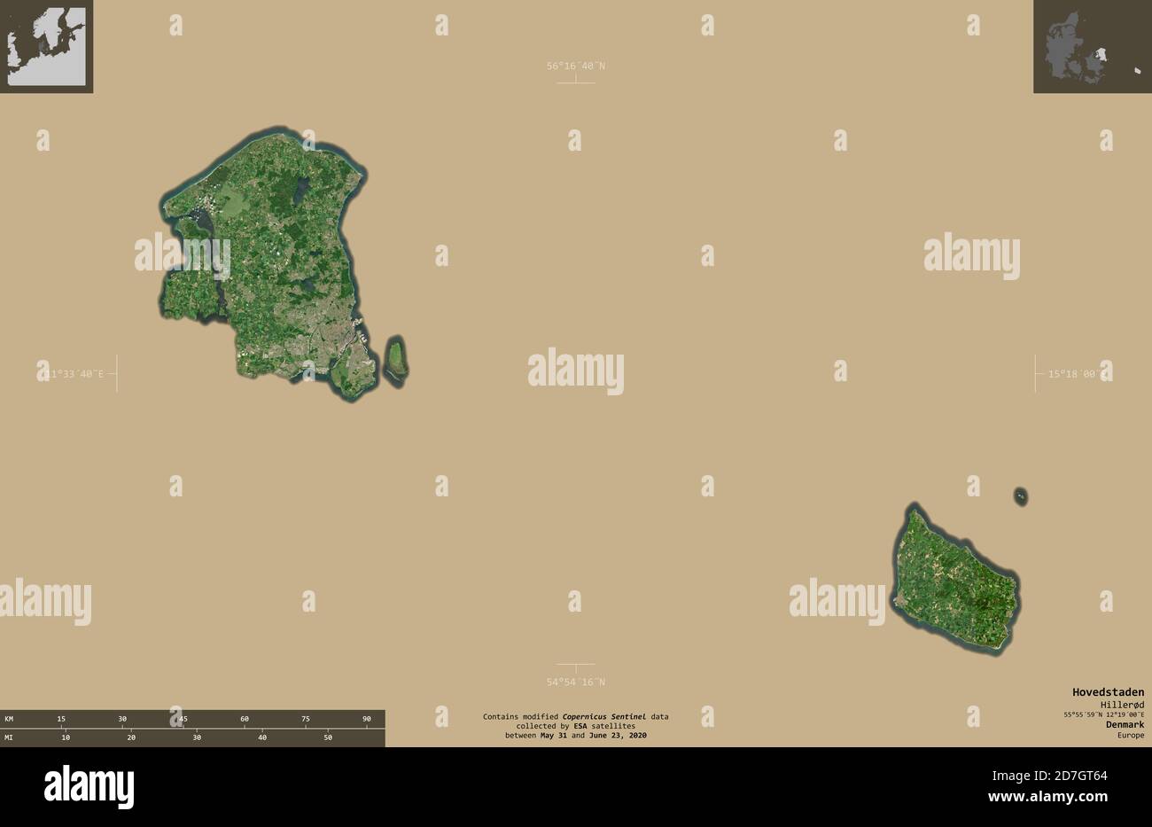 Hovedstaden, region of Denmark. Sentinel-2 satellite imagery. Shape isolated on solid background ...