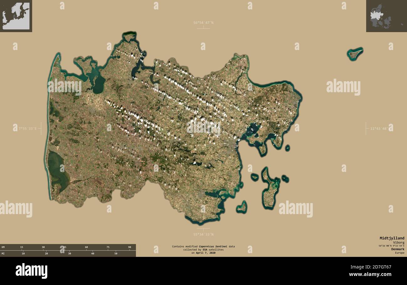 Midtjylland, region of Denmark. Sentinel-2 satellite imagery. Shape isolated on solid background ...
