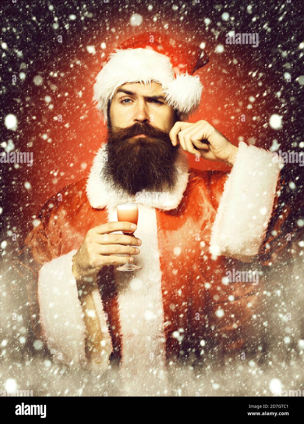 handsome bearded santa claus man with long beard on surprised face ...