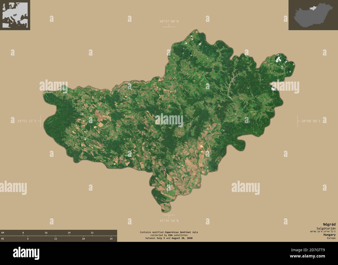 Nograd, county of Hungary. Sentinel-2 satellite imagery. Shape isolated ...