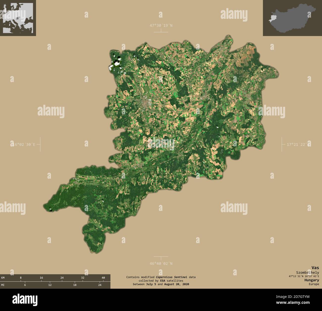 Vas, county of Hungary. Sentinel-2 satellite imagery. Shape isolated on ...