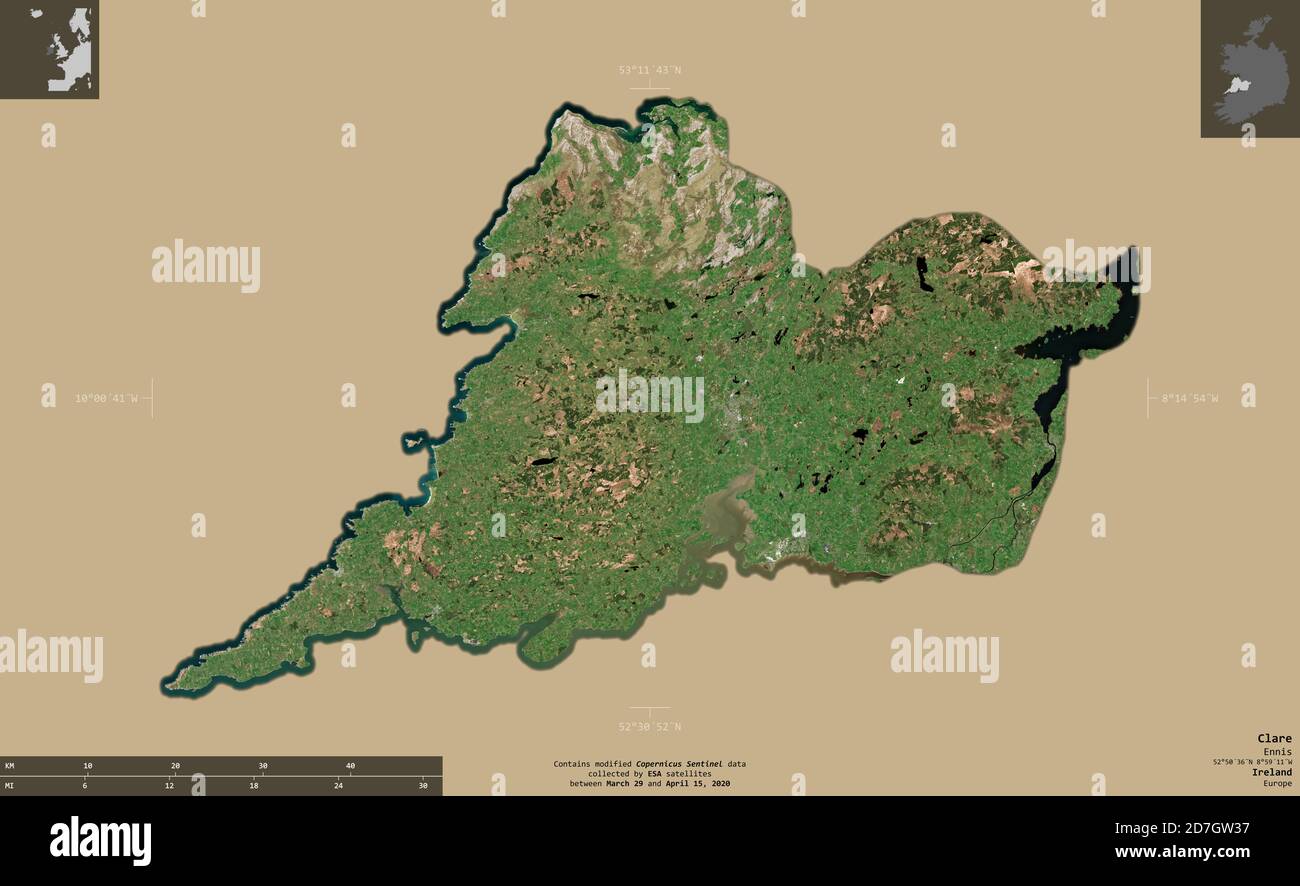 Clare, county of Ireland. Sentinel-2 satellite imagery. Shape isolated ...