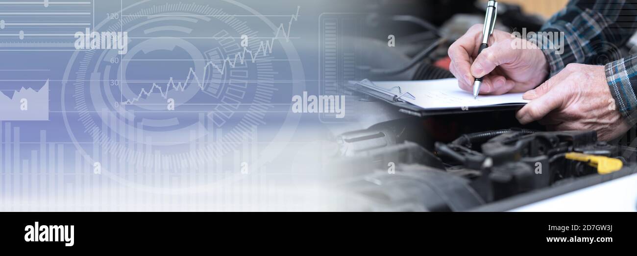 Car mechanic checking a car engine and writing on clipboard; panoramic ...