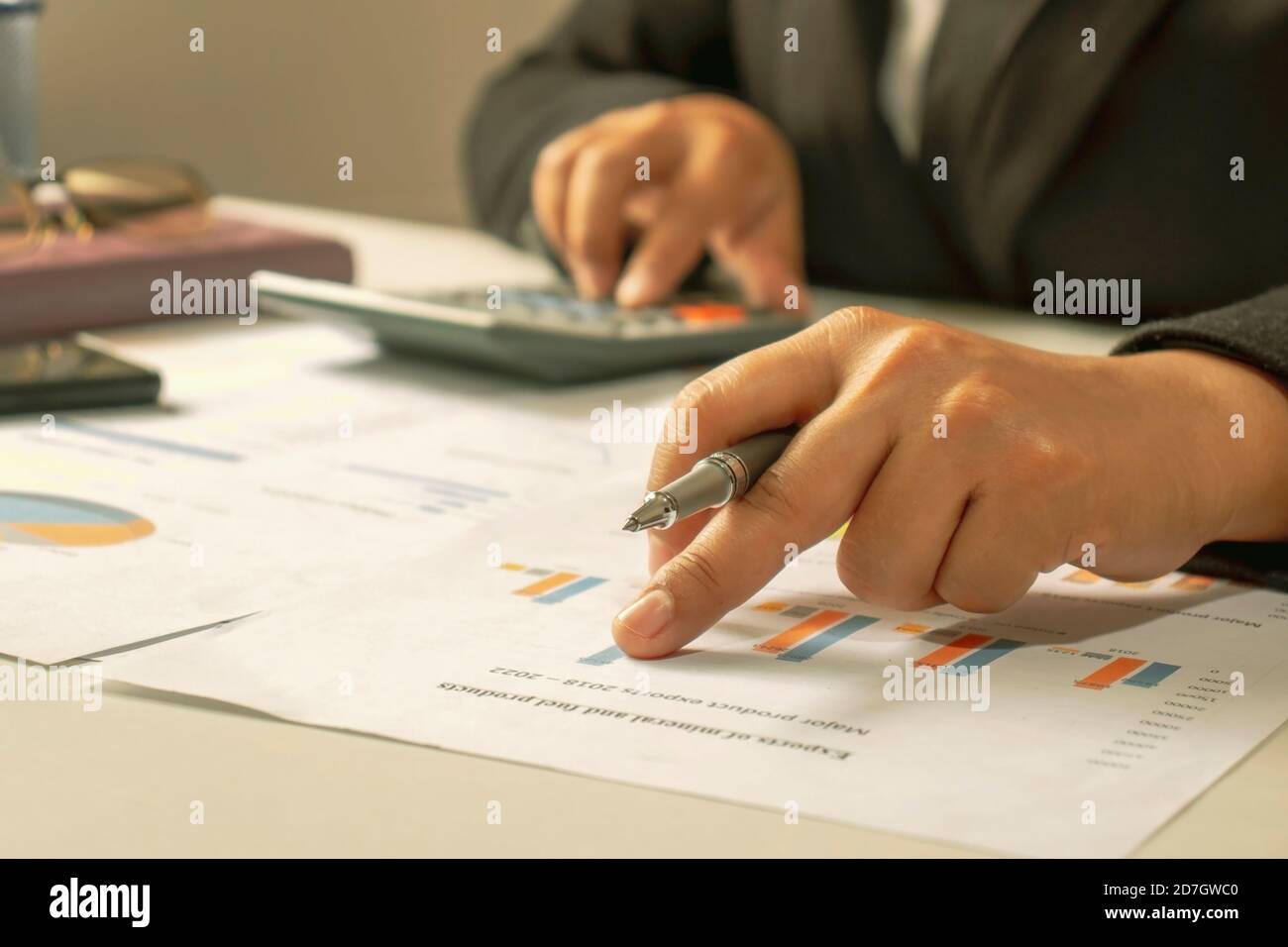 Businessmen are reviewing reports, financial documents for financial ...