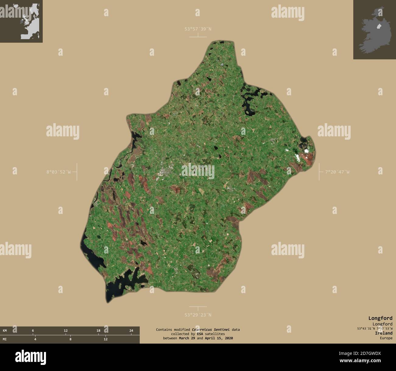 Longford, county of Ireland. Sentinel-2 satellite imagery. Shape ...