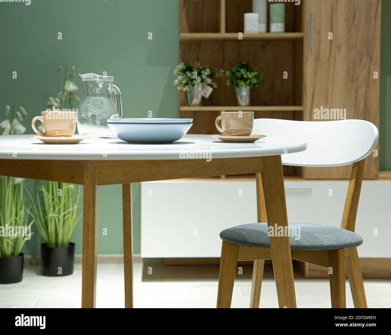 Modern kitchen interior in a store in a shopping center. Kitchen dining ...