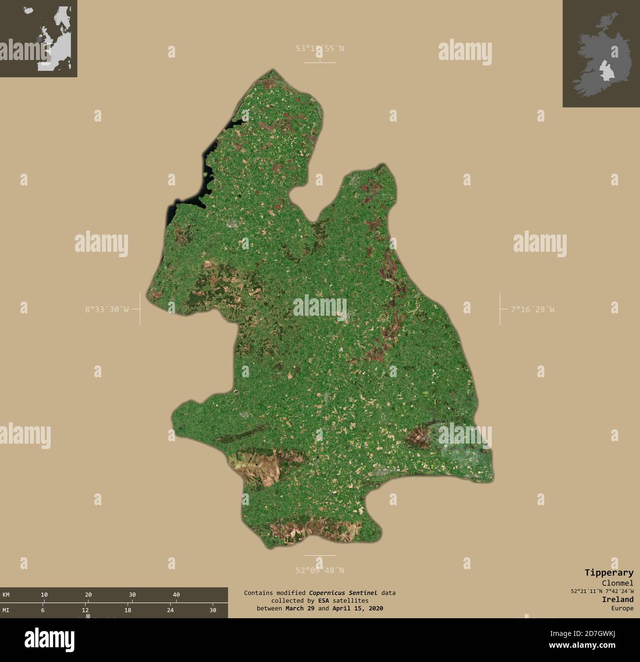 Tipperary, county of Ireland. Sentinel-2 satellite imagery. Shape ...