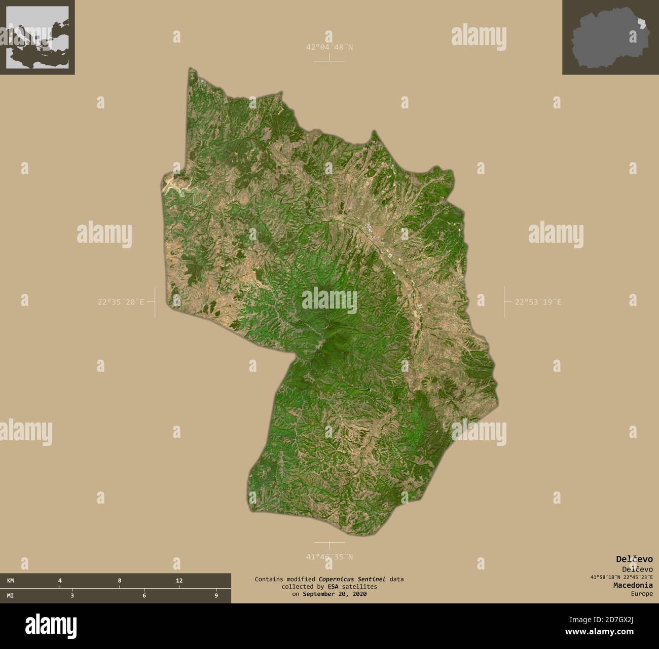 Delcevo, municipality of Macedonia. Sentinel-2 satellite imagery. Shape ...
