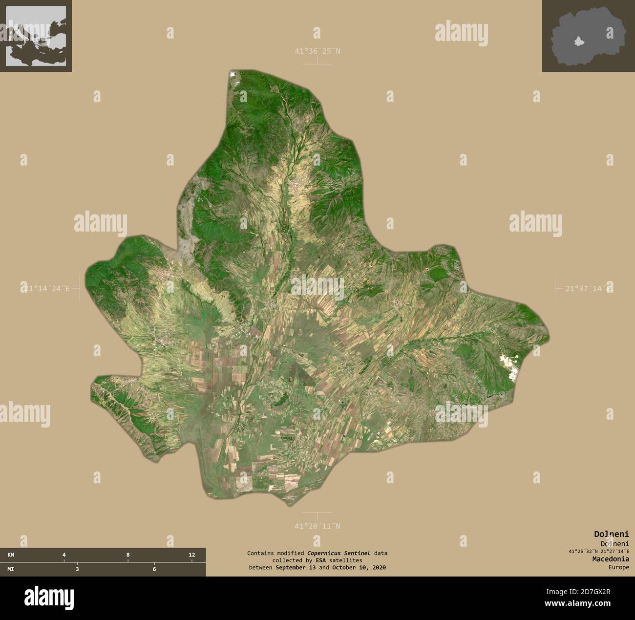 Dolneni, municipality of Macedonia. Sentinel-2 satellite imagery. Shape ...