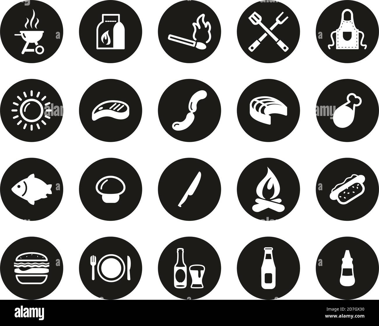 Grill Or Barbecue Icons White On Black Flat Design Circle Set Big Stock ...