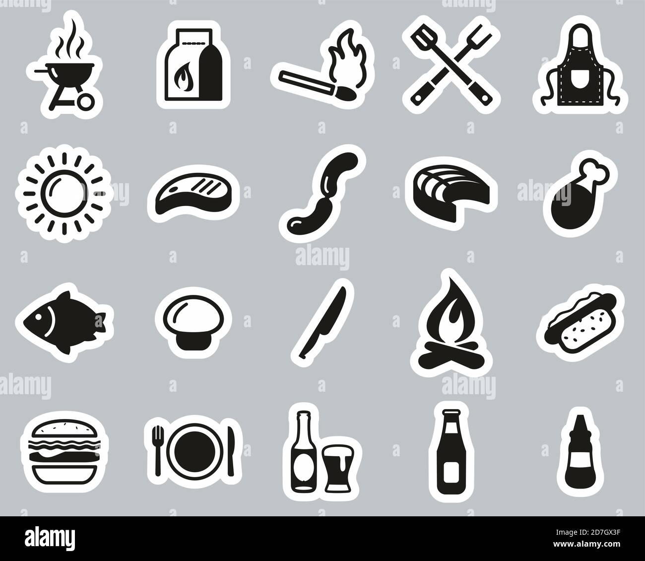 Grill Or Barbecue Icons Black & White Sticker Set Big Stock Vector ...