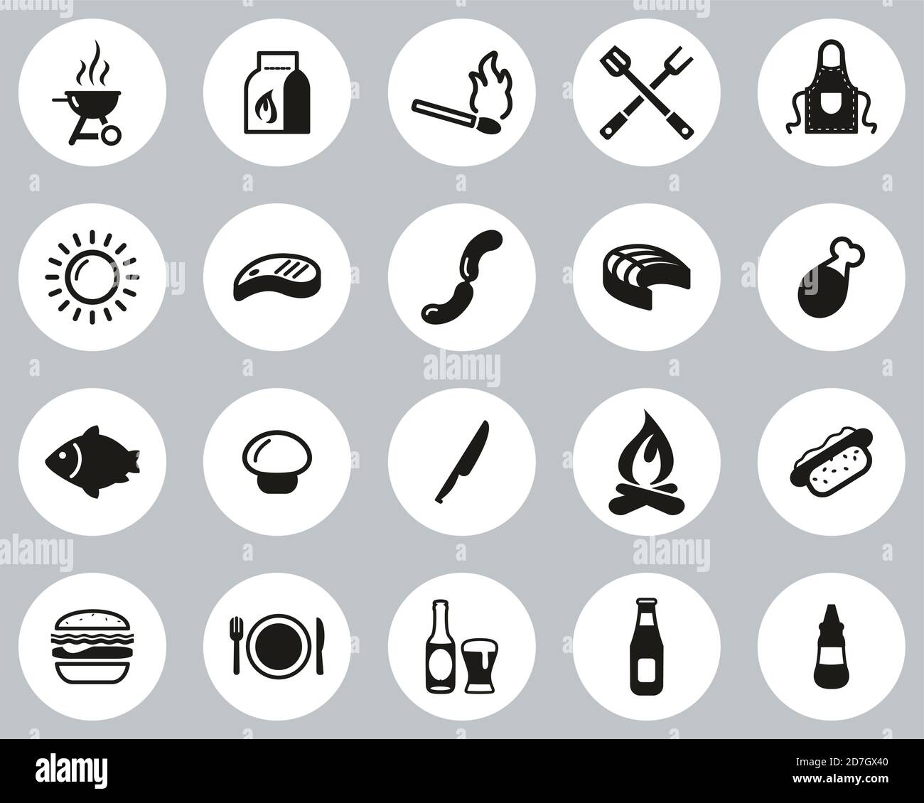 Grill Or Barbecue Icons Black & White Flat Design Circle Set Big Stock ...