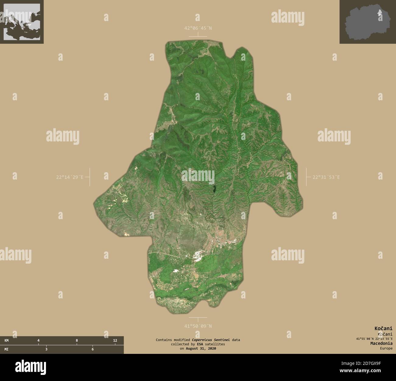 Kocani, municipality of Macedonia. Sentinel-2 satellite imagery. Shape ...