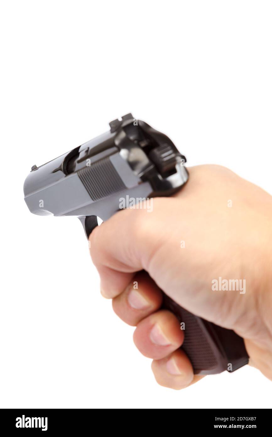 Gun in hand isolated on white background Stock Photo - Alamy