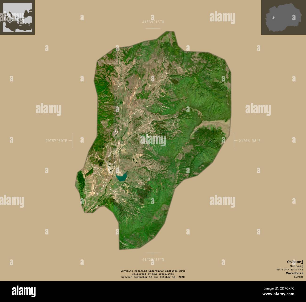 Oslomej, municipality of Macedonia. Sentinel-2 satellite imagery. Shape ...