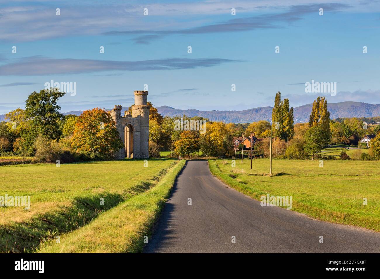 Dunstall Castle on Dunstall Common in the autumn with the Malvern HIlls ...