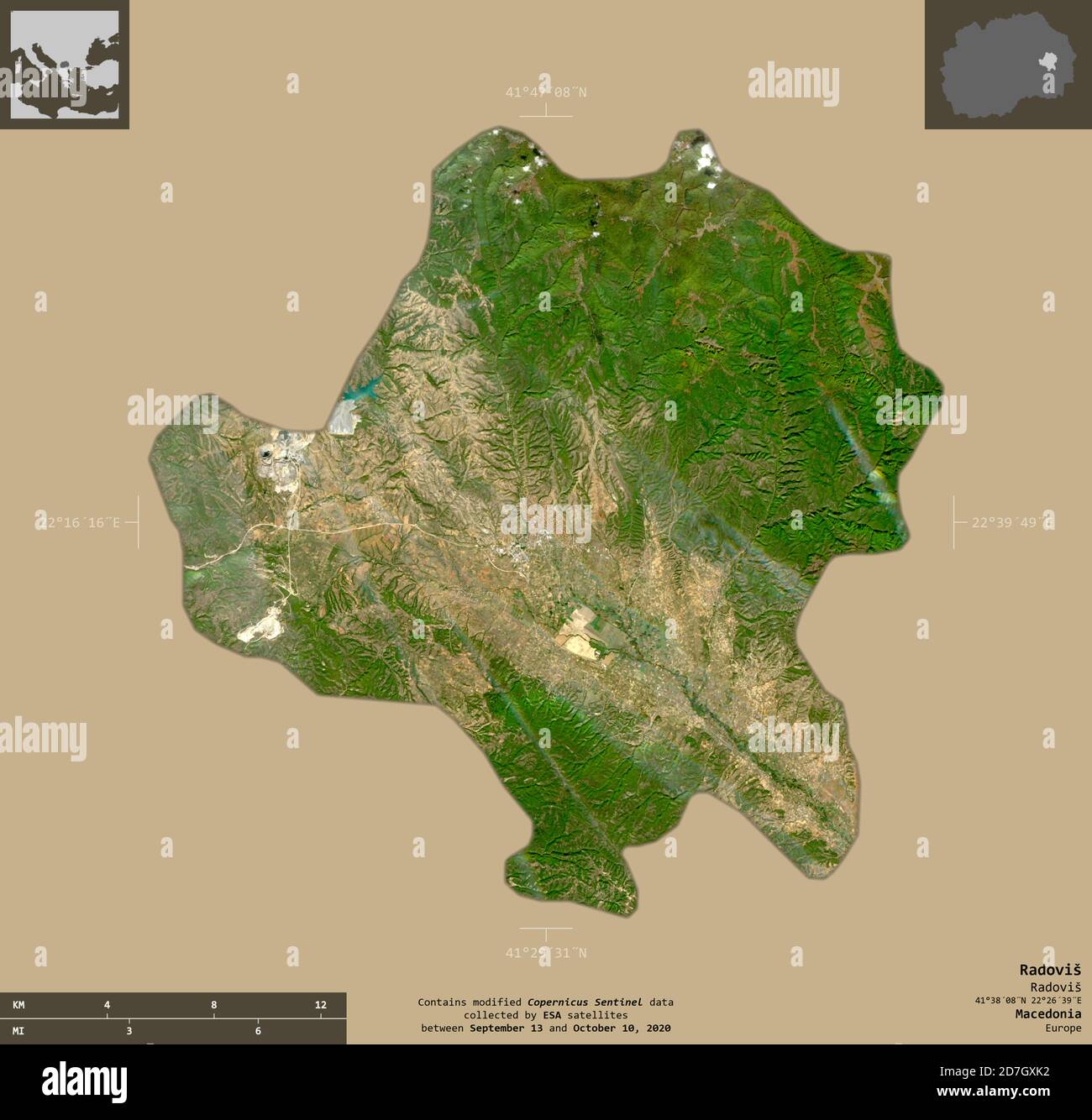 Radovis, municipality of Macedonia. Sentinel-2 satellite imagery. Shape ...
