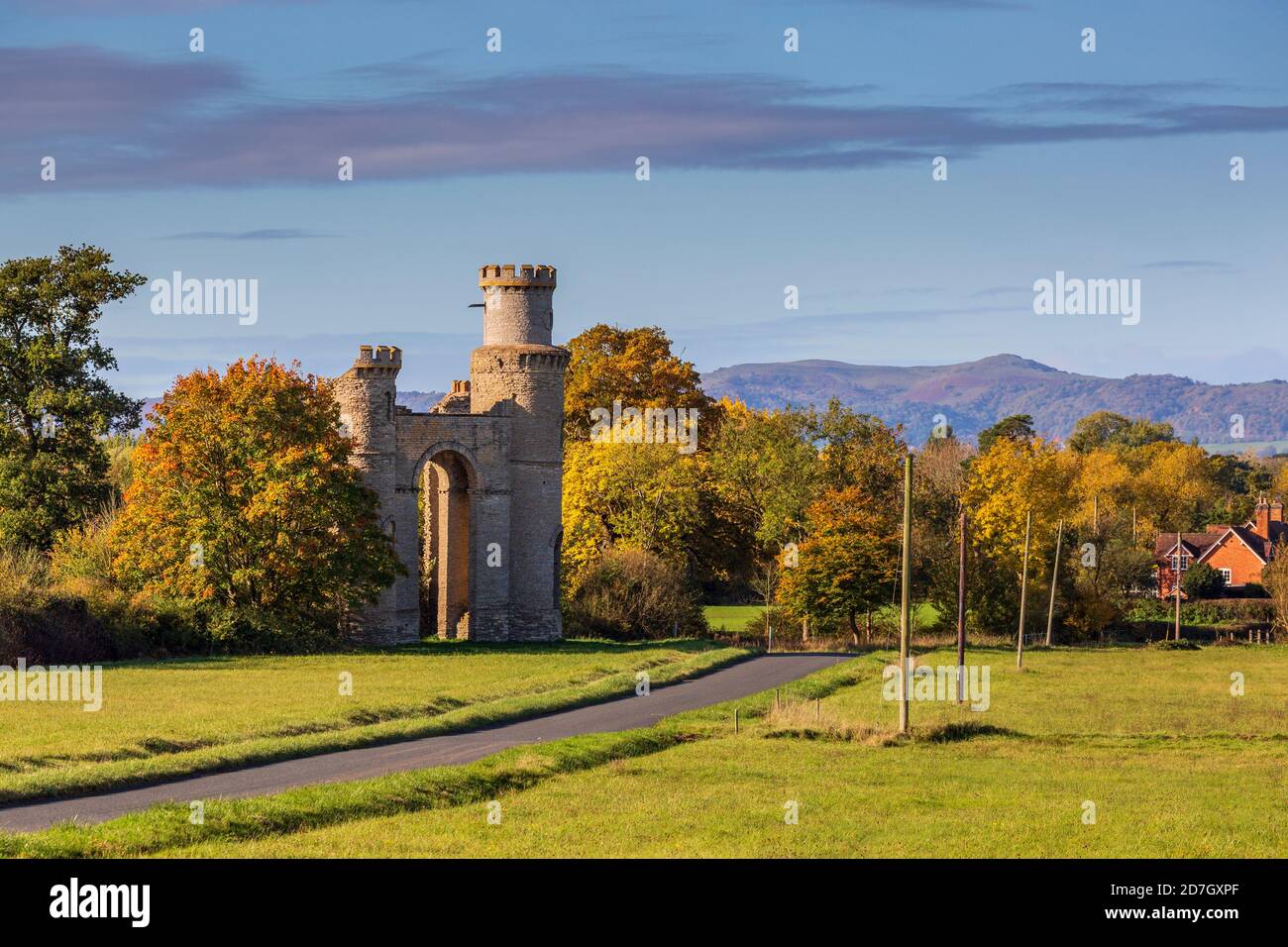 Dunstall Castle on Dunstall Common in the autumn with the Malvern Hills ...