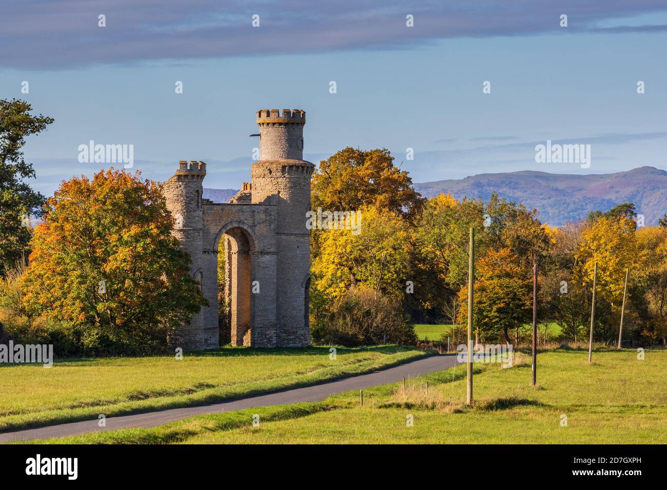 Dunstall Castle on Dunstall Common in the autumn with the Malvern HIlls ...