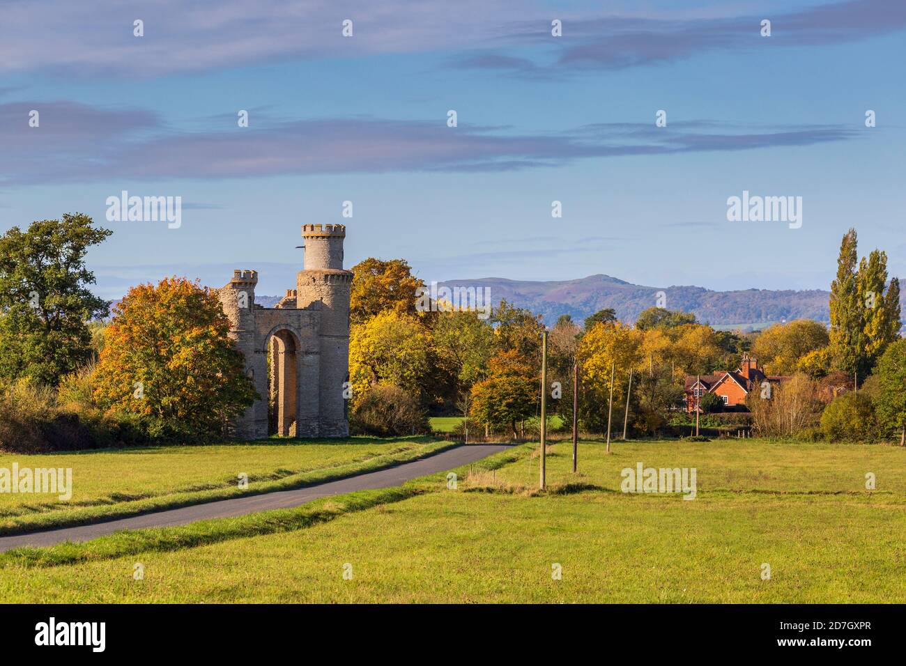 Dunstall Castle on Dunstall Common in the autumn with the Malvern HIlls ...