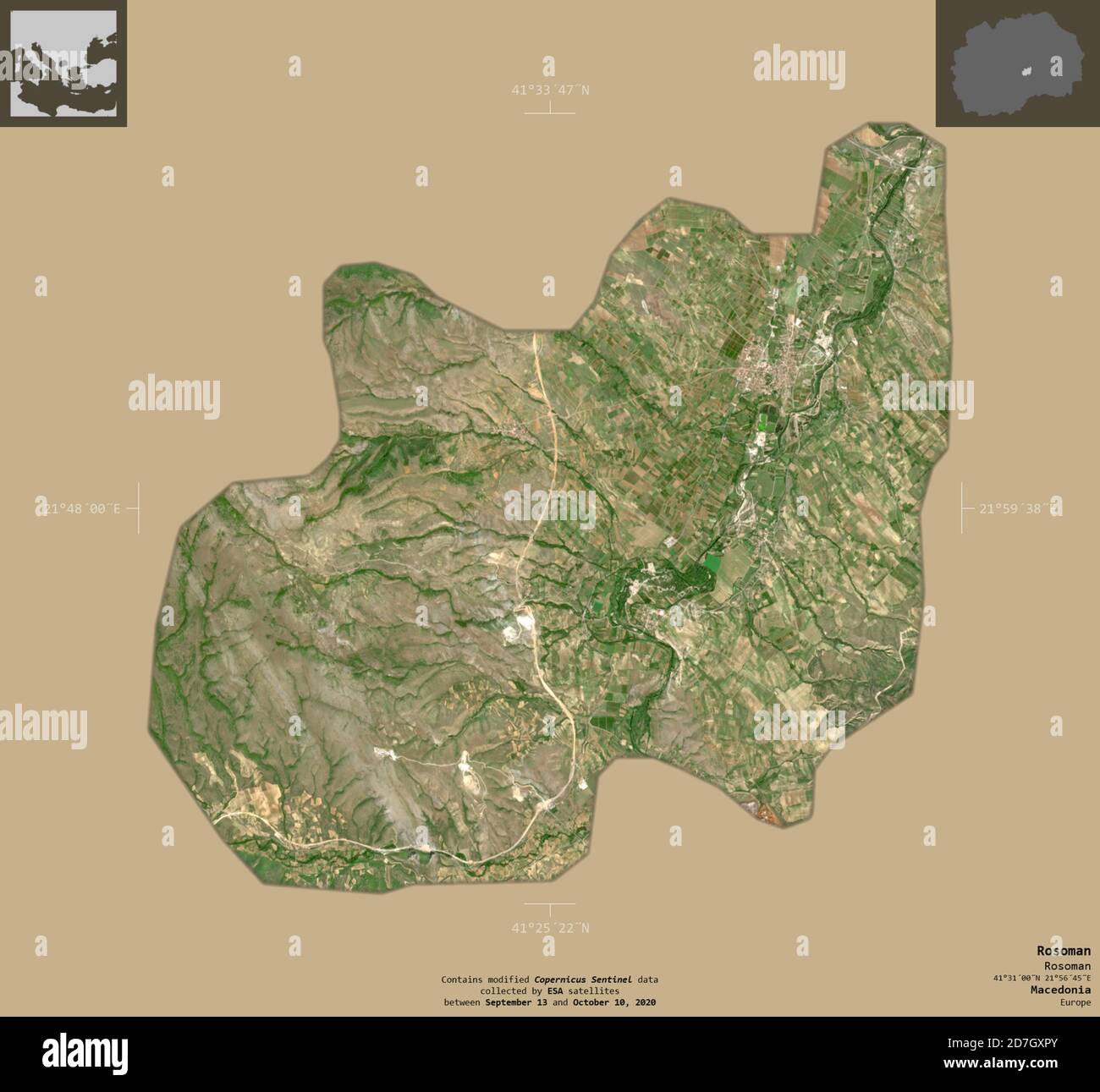Rosoman, municipality of Macedonia. Sentinel-2 satellite imagery. Shape ...
