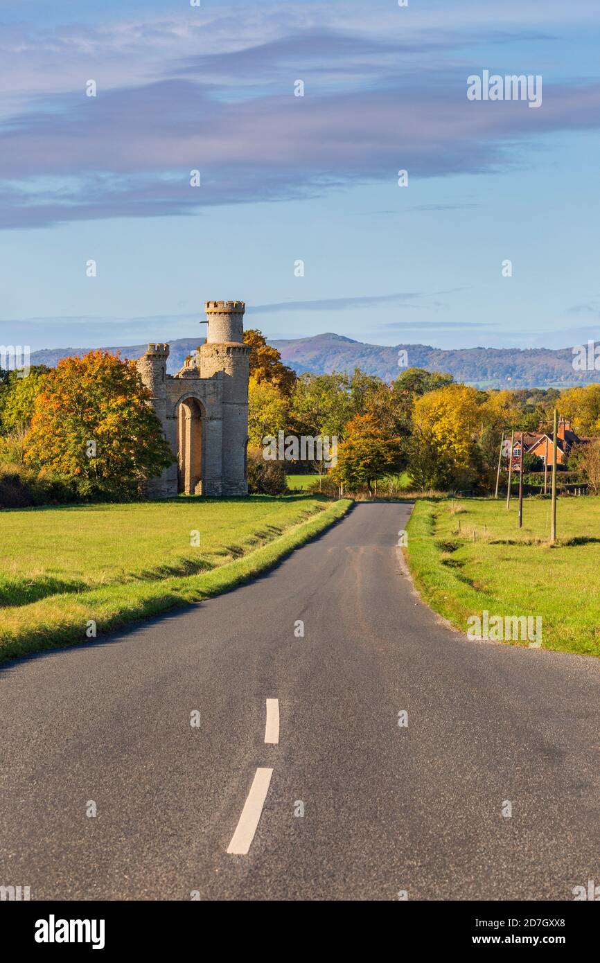 Dunstall Castle on Dunstall Common in the autumn with the Malvern HIlls ...