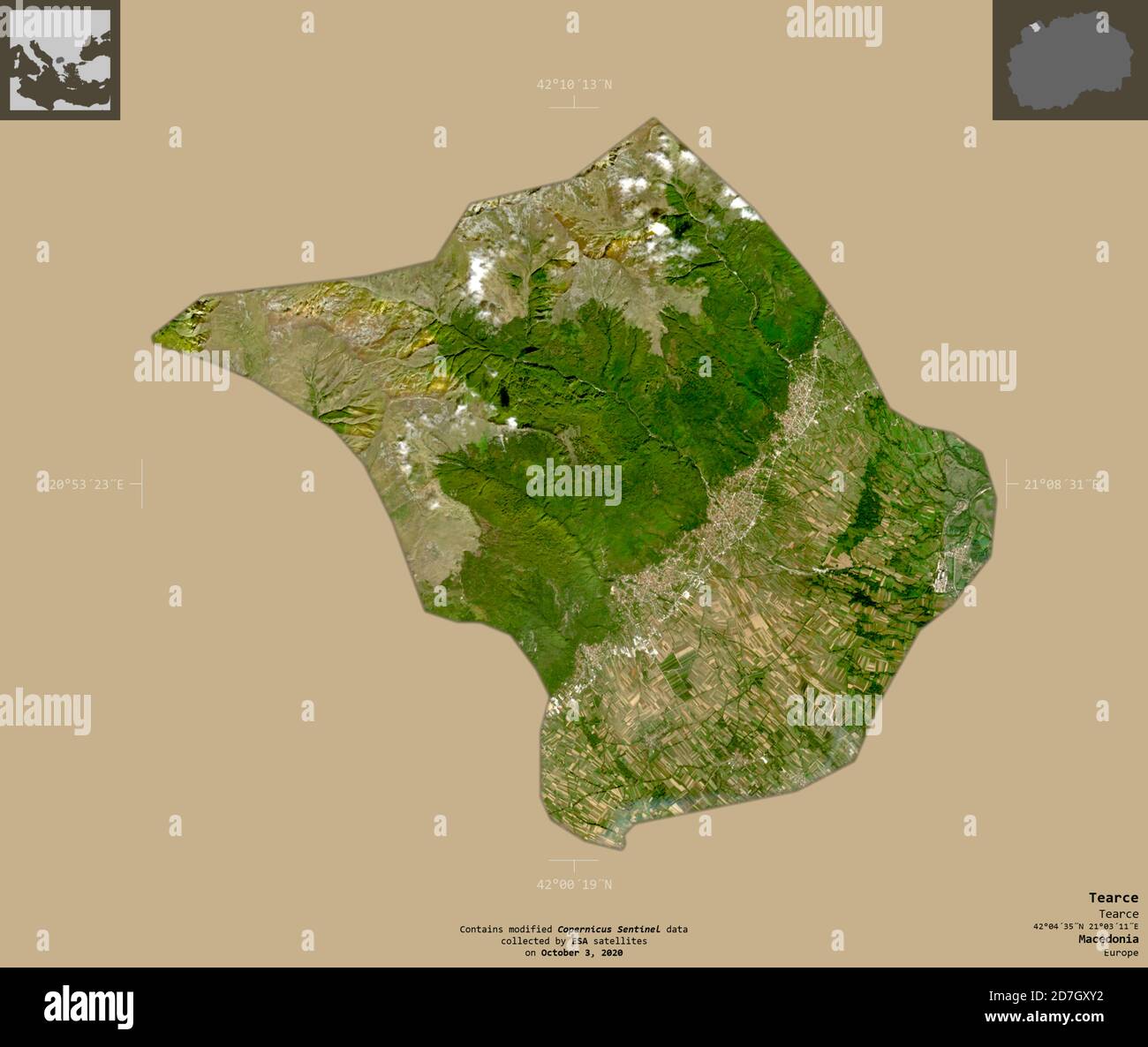 Tearce, municipality of Macedonia. Sentinel-2 satellite imagery. Shape ...