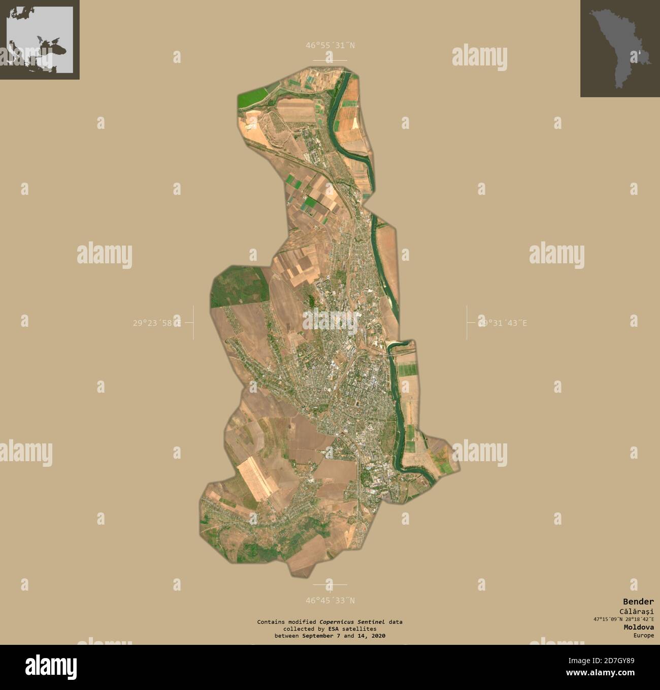 Bender, city of Moldova. Sentinel-2 satellite imagery. Shape isolated ...