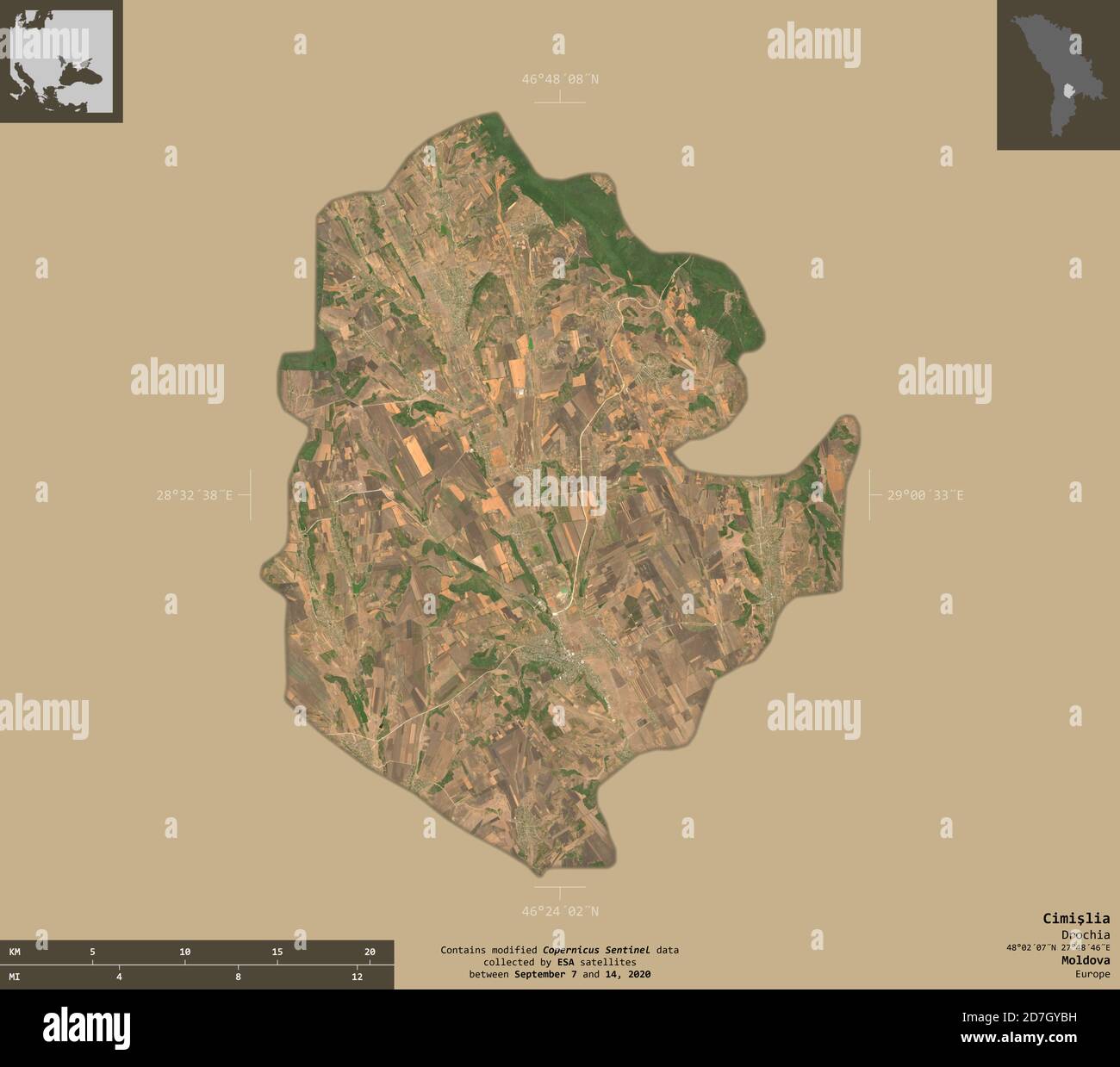 Cimislia, district of Moldova. Sentinel-2 satellite imagery. Shape ...