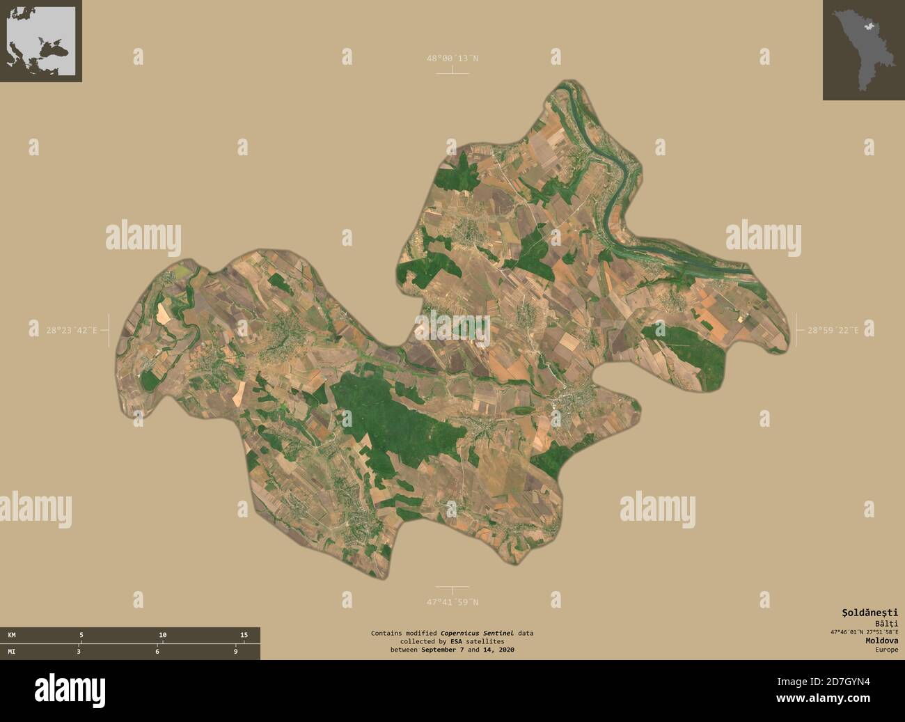 Soldanesti, district of Moldova. Sentinel-2 satellite imagery. Shape ...