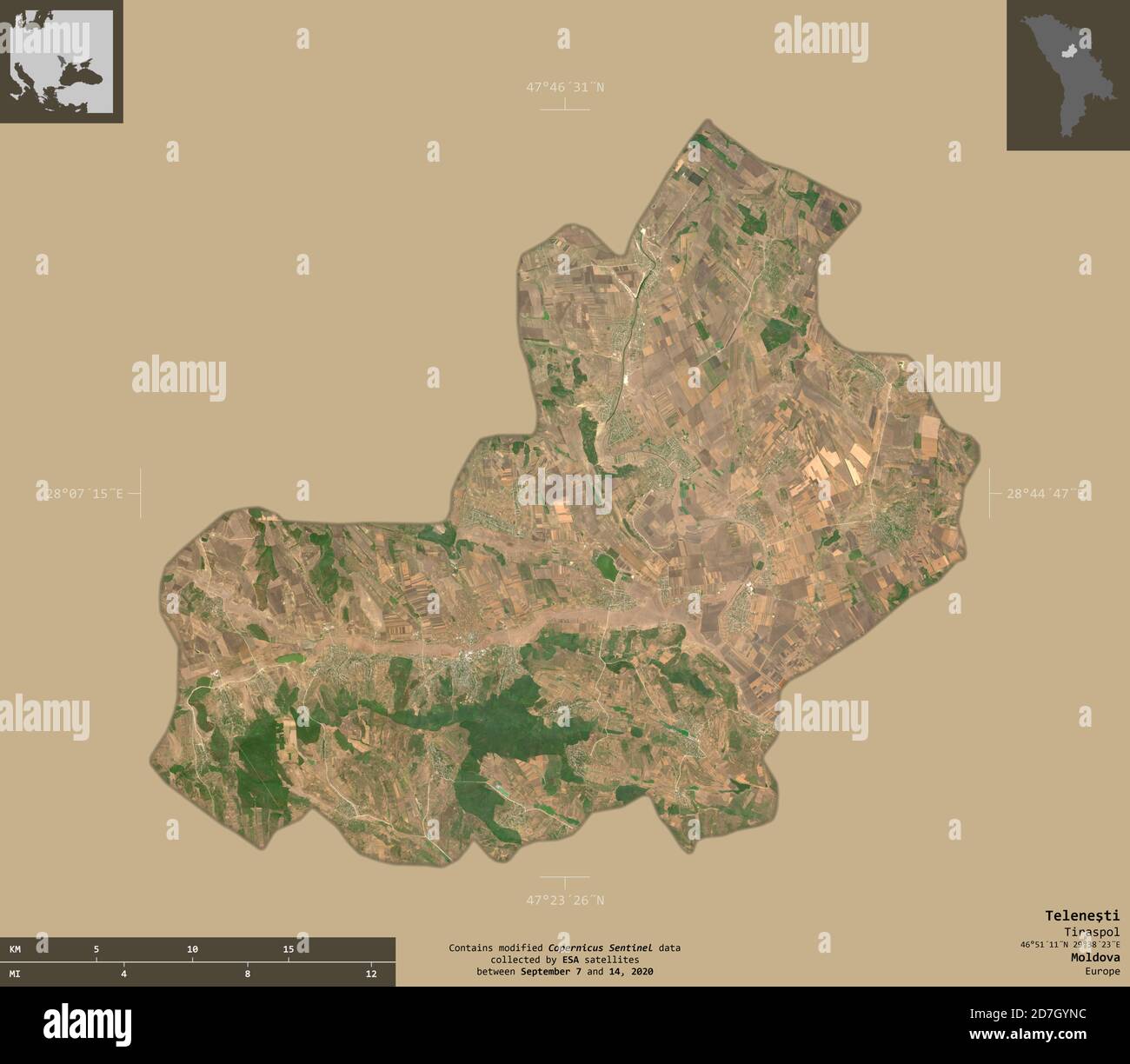Telenesti, district of Moldova. Sentinel-2 satellite imagery. Shape ...