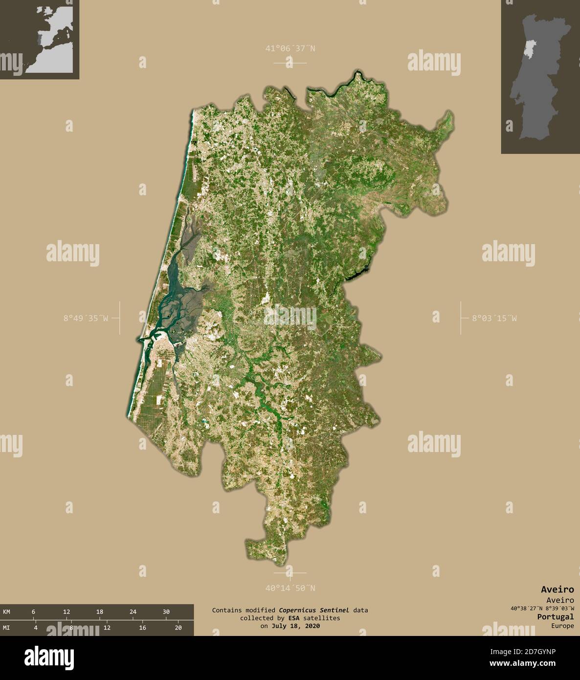 Aveiro, district of Portugal. Sentinel-2 satellite imagery. Shape ...