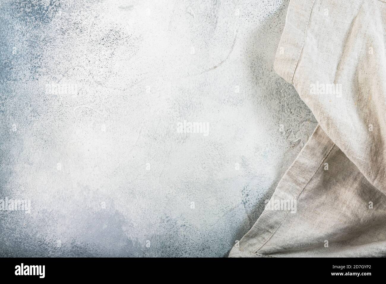 Linen Kitchen Table cloth on gray table, top view and copy space ...