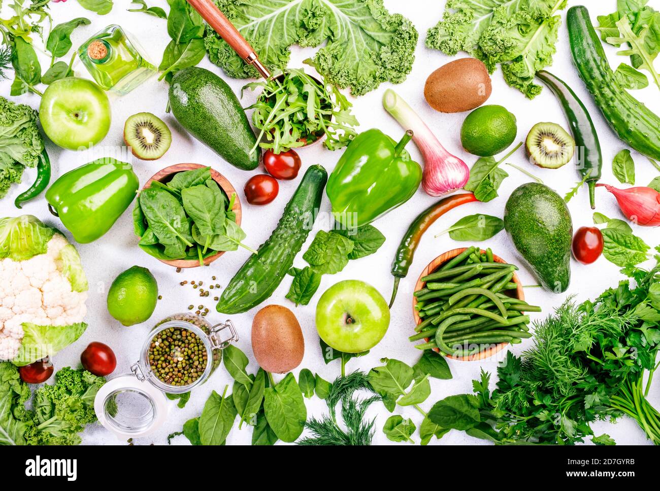 Variety of green vegetables and fruits. Healthy food clean eating ...