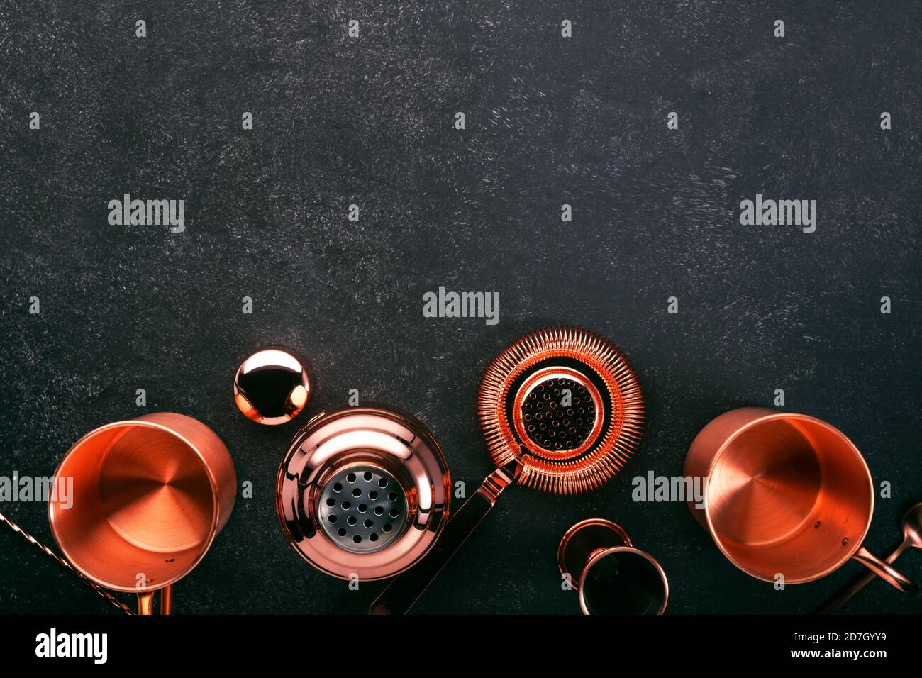 Copper bar tools and accessories for making cocktail. Shaker, jigger ...